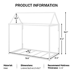 Merax Metal House Bed : Metal Floor Bed,House Shape Bed with Metal Slats,Twin Size,White