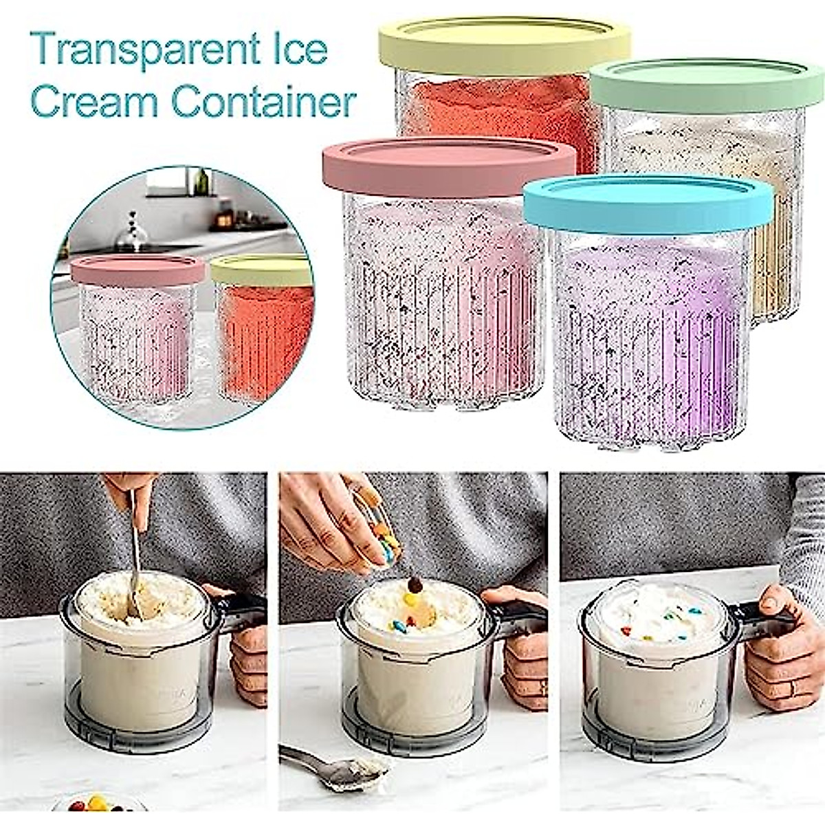 Containers Replacement for Ninja Creami Pints and Lids - 4 Pack, 24oz Cups Compatible with NC500 NC501 Series Ice Cream Maker - Dishwasher Safe, Leak Proof Lids Pink/Mint/Yellow/Blue
