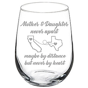 Engraved Mother Wine Glass Mother Daughter White Red Wine Custom Personalized Long Distance Mom Gift (Stemless 17 oz)