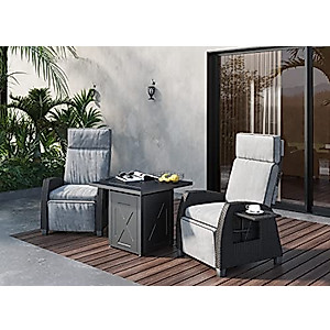 Grand patio Outdoor Furniture with Fire Pit Table Recliner Wicker Chairs 3 Pieces Reclining Chair for Patio Garden Backyard, Cool Grey