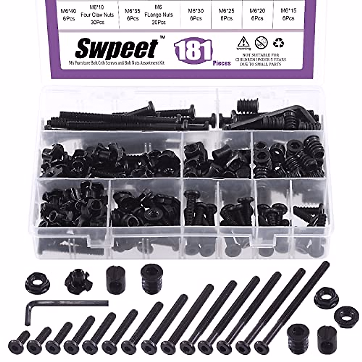 Swpeet 181Pcs M6 x 15mm - 80mm Black Zinc Flat Head Hex Socket Cap Baby Crib Bed Bolts and Threaded Insert Nuts with Flange Nuts and 4 Pronged Tee T Nuts Kit with Allen Wrench