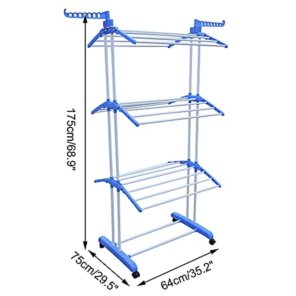 Gdrasuya10 66" Blue Folding Dryer Hanger with Casters, 3-Layer Portable Stand Towel Rack Clothes Drying Rack for Outdoor or Indoor (Blue)