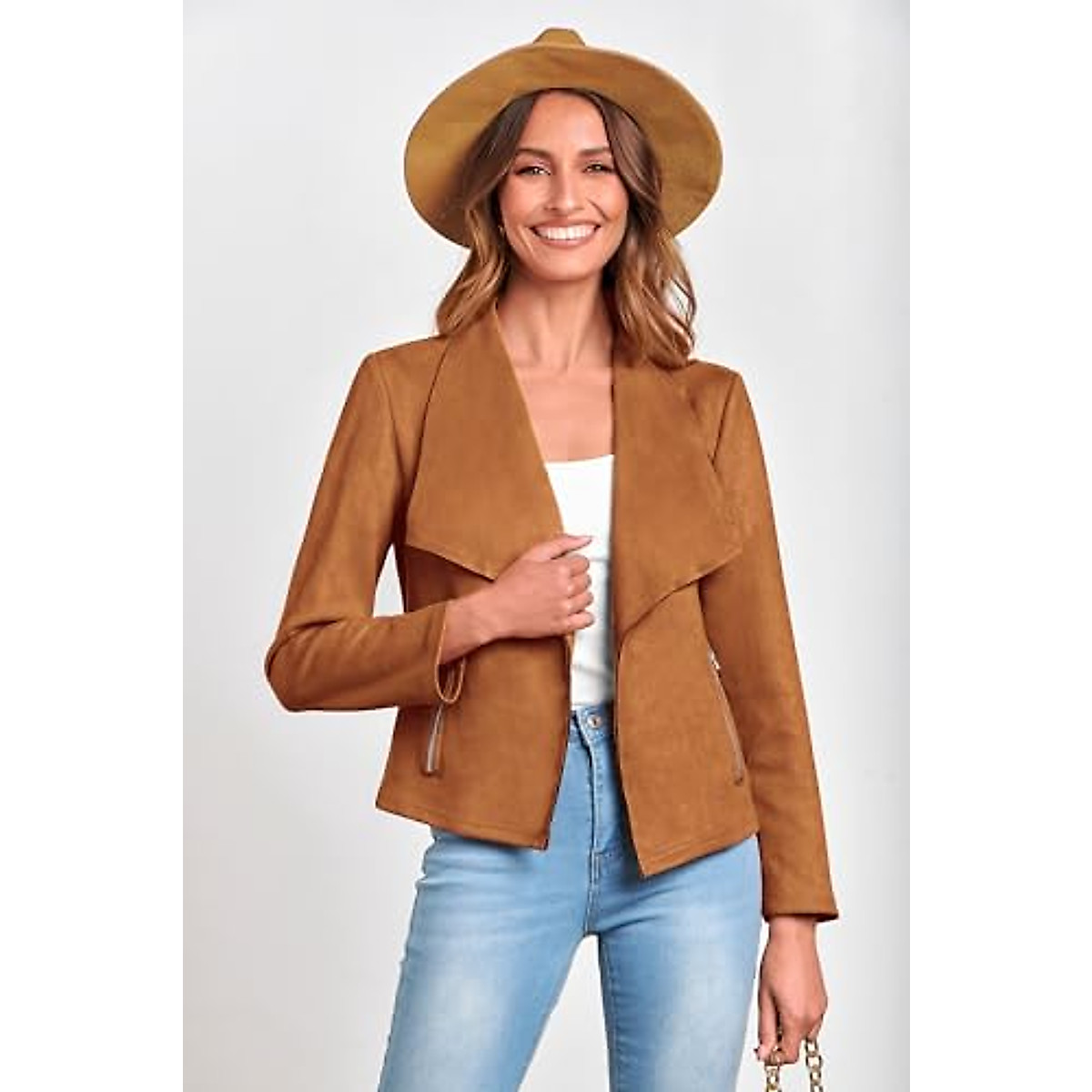 PRETTYGARDEN Women's Faux Suede Jackets 2023 Fall Clothes Long Sleeve Open Front Cropped Coat Outwear (Brown,Medium)