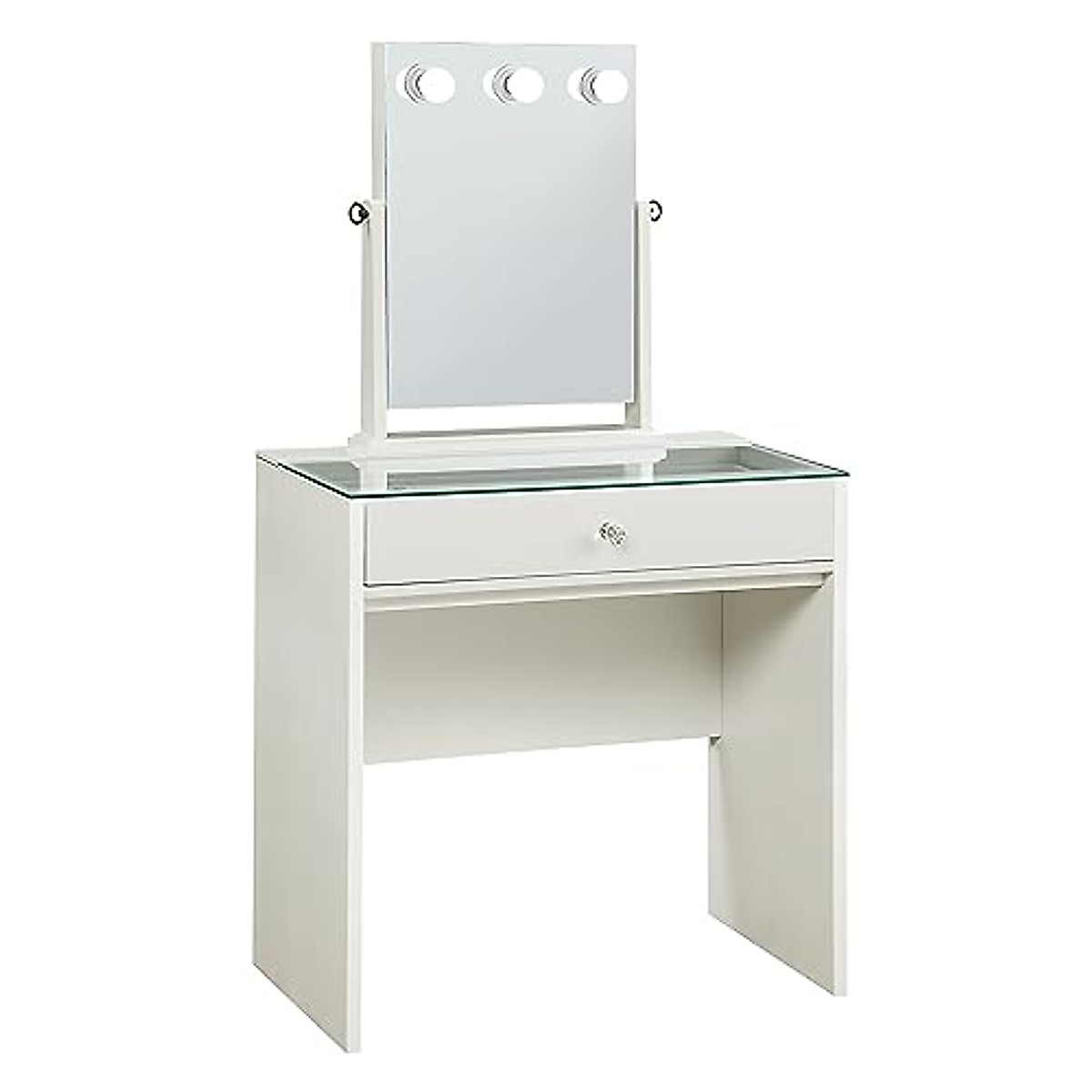 24/7 Shop at Home Peregrine Modern Wood 2-Piece Makeup Vanity Table and Adjustable Lighted Mirror Set with Bulbs, 1 Felt-Lined Drawer for Bedroom, Dressing Room, Bathroom, Guest Room, Luminous White