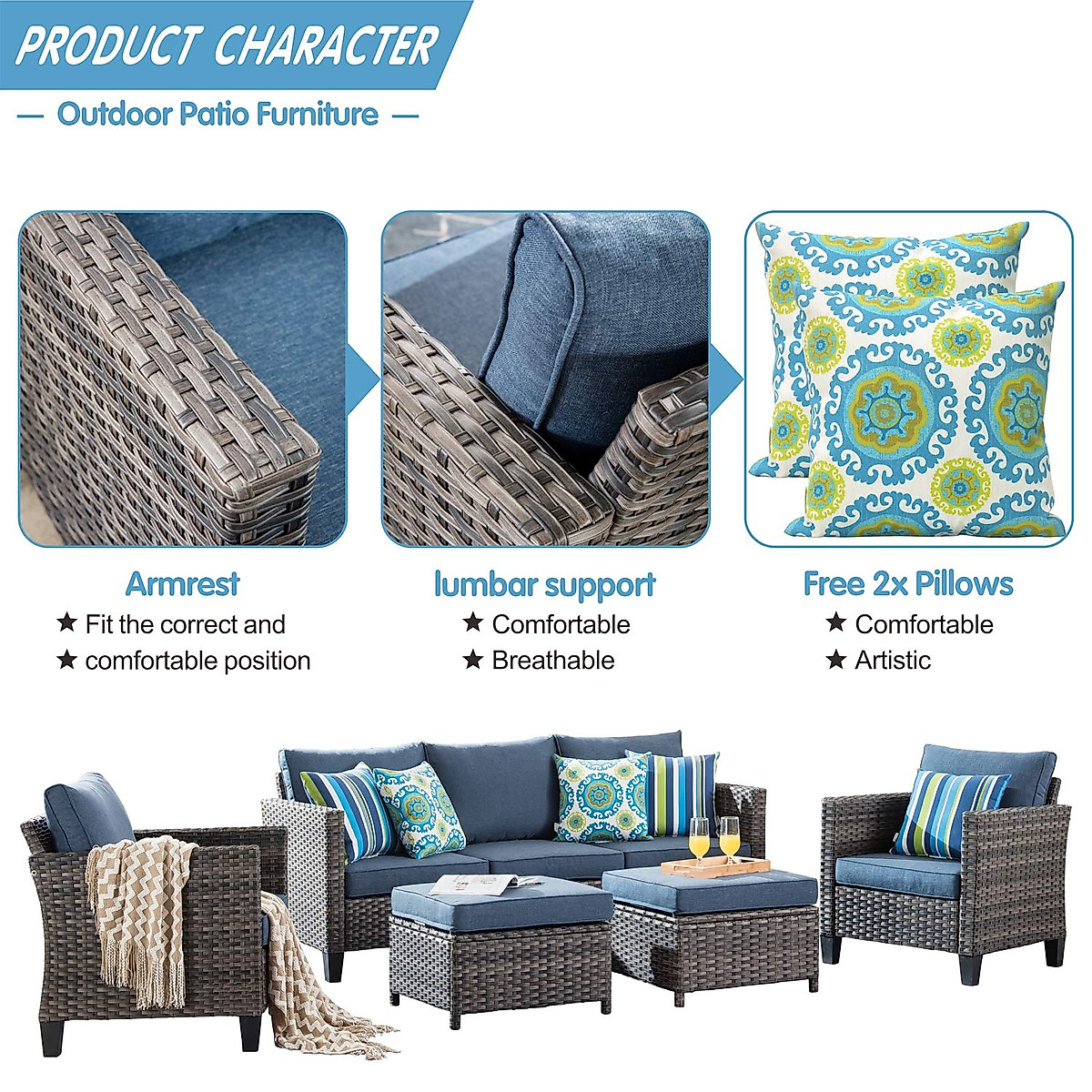 XIZZI Patio Furniture Sets Outdoor Conversation Set 5 Piece All Weather Wicker Sofa Sectional with Ottomans and 2 Pillows for Garden Backyard Deck,Grey Wicker Denim Blue