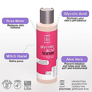 7% Glycolic Acid Toner with Rose Water, Witch Hazel, and Aloe Vera Gel – Alcohol & Oil Free Exfoliating AHA Face Toner – Improves Wrinkles, Dullness, Pores, Skin Tone & Texture, 6 oz.