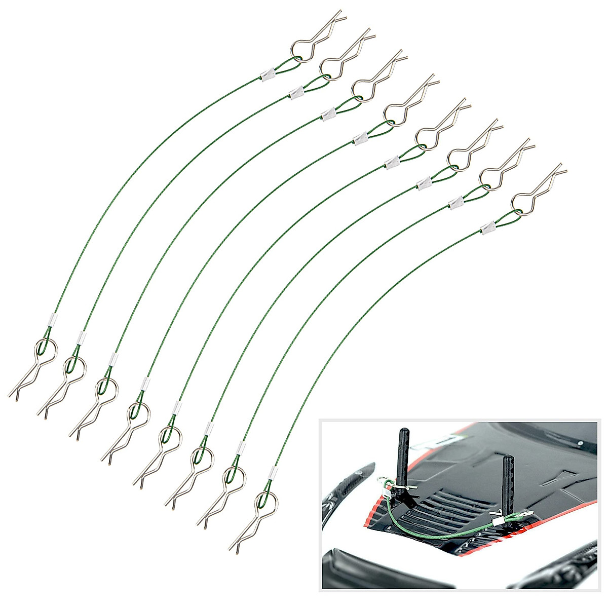 8Pack ShareGoo Metal Clip R Pin Rod with Steel Anti-Lost Rope RC Body Shell Clip Wire Compatible with 1/8 1/10 Traxxas HSP Arrma Axial Redcat RC Car Truck Crawler (Green)