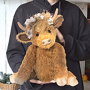 Funthy Scottish Highland Cow Plush, Realistic Cow Stuffed Animals Soft Farm Plushie, Cuddly Highland Cow Accompany Plush Decorative Pillow Birthday Gifts for Boys Girls-White