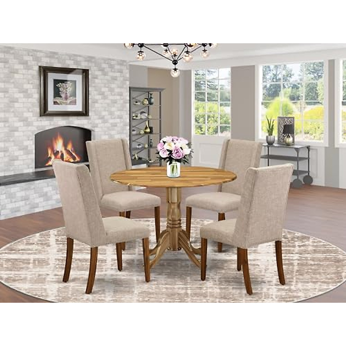 East West Furniture DLFL5-ANA-04 5 Piece Dining Room Furniture Set Includes a Round Dining Table with Dropleaf and 4 Light Tan Linen Fabric Parsons Chairs, 42x42 Inch, Natural