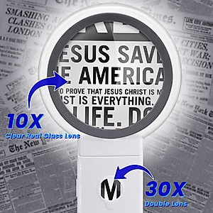 30X 10X Magnifying Glass with Light and Stand, Foldable Handheld Magnifying Glass 18 LED Illuminated Lighted Magnifier for Macular Degeneration, Seniors Reading, Close Work, Coins, Jewelry