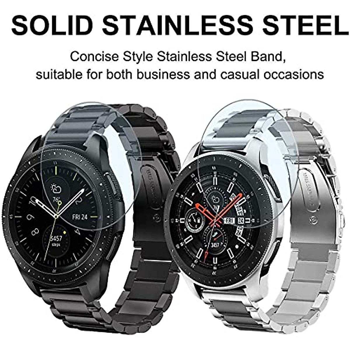 valkit Compatible Galaxy Watch 46mm/Galaxy Watch 3 45mm Bands, 2 Pack 22mm Stainless Steel Solid Metal Wrist Band Business Strap + Screen Protector for Gear S3 Frontier/Classic, Sliver/Black+Black