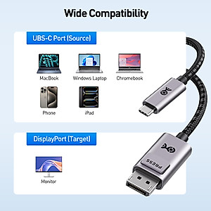 Cable Matters Braided USB C to DisplayPort 1.4 Cable 6ft, Support 4K@240Hz / 8K@60Hz (USB-C to DisplayPort, USB C to DP) in Gray - Thunderbolt 4 /USB 4 Compatible with MacBook, XPS