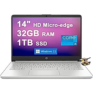 HP Laptop 14 Business Computer 14" HD Micro-Edge BrightView 11th Generation Intel Quad-core i5-1135G7 (Beats i7-1065G7) 32GB RAM 1TB SSD Iris Xe Graphic USB-C Win11 Silver + HDMI Cable