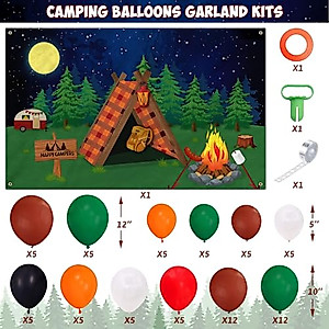 Vansolinne Camping Party Decorations Camping Adventure Happy Camper Night Forest Campfire Tent Scene Backdrop Banner & Balloons Garland Kit, Theme Birthday Classroom Decor Background Photo Props