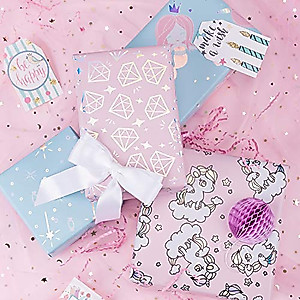 WRAPAHOLIC Wrapping Paper Roll - Mermaid, Fairy Stick and Diamond Cute Design with Colorful Foil for Birthday, Holiday, Baby Shower - 4 Rolls - 30 inch X 120 inch Per Roll