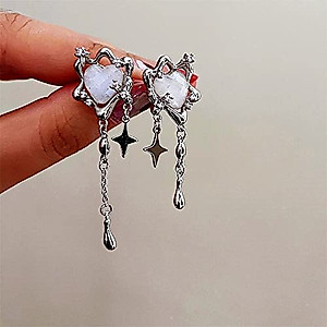 Moonstone Heart Stainless Steel Earrings For Women Teen Girls Tassel Silver Star Dangle Earrings Dangling Y2k Earinging Earring (Style1)