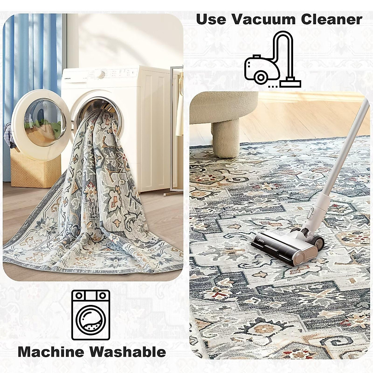 OIGAE Washable Rug 8x10, Vintage Medallion Area Rugs with Non-Slip Backing, Non-Shedding Floor Mat Throw Carpet for Living Room Bedroom Kitchen Laundry Home Office, Light Grey