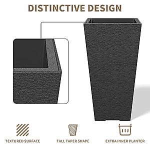 Kante 22 Inch Tall Planter Set of 2, Large Taper Planter for Outdoor Indoor Garden Patio Front Door (Black)