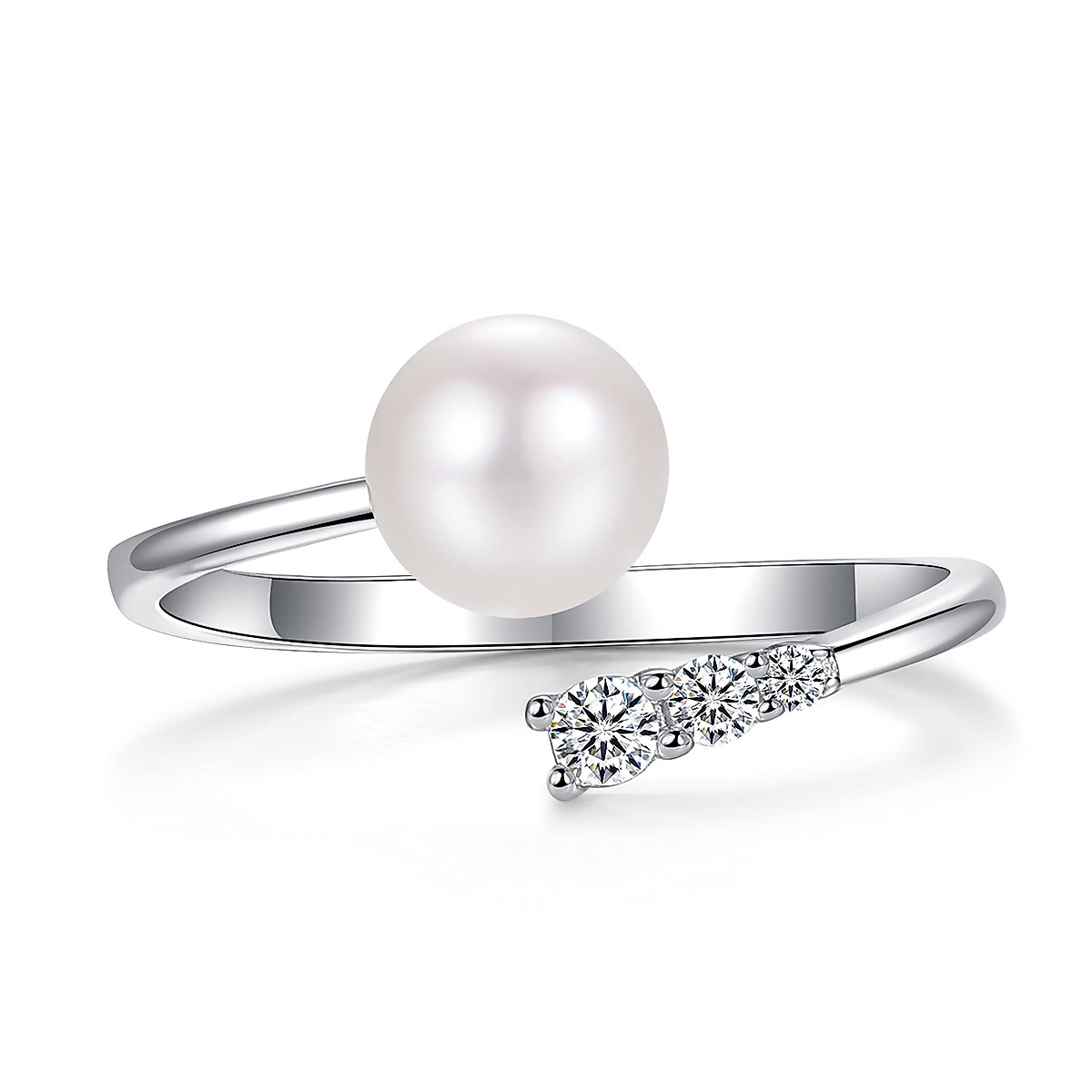 Freshwater Pearl Ring Sterling Silver Rings for Women 925 Adjustable with Cubic Zirconia Open June Birthstone Rings with Real Round Genuine Cultured Stackable