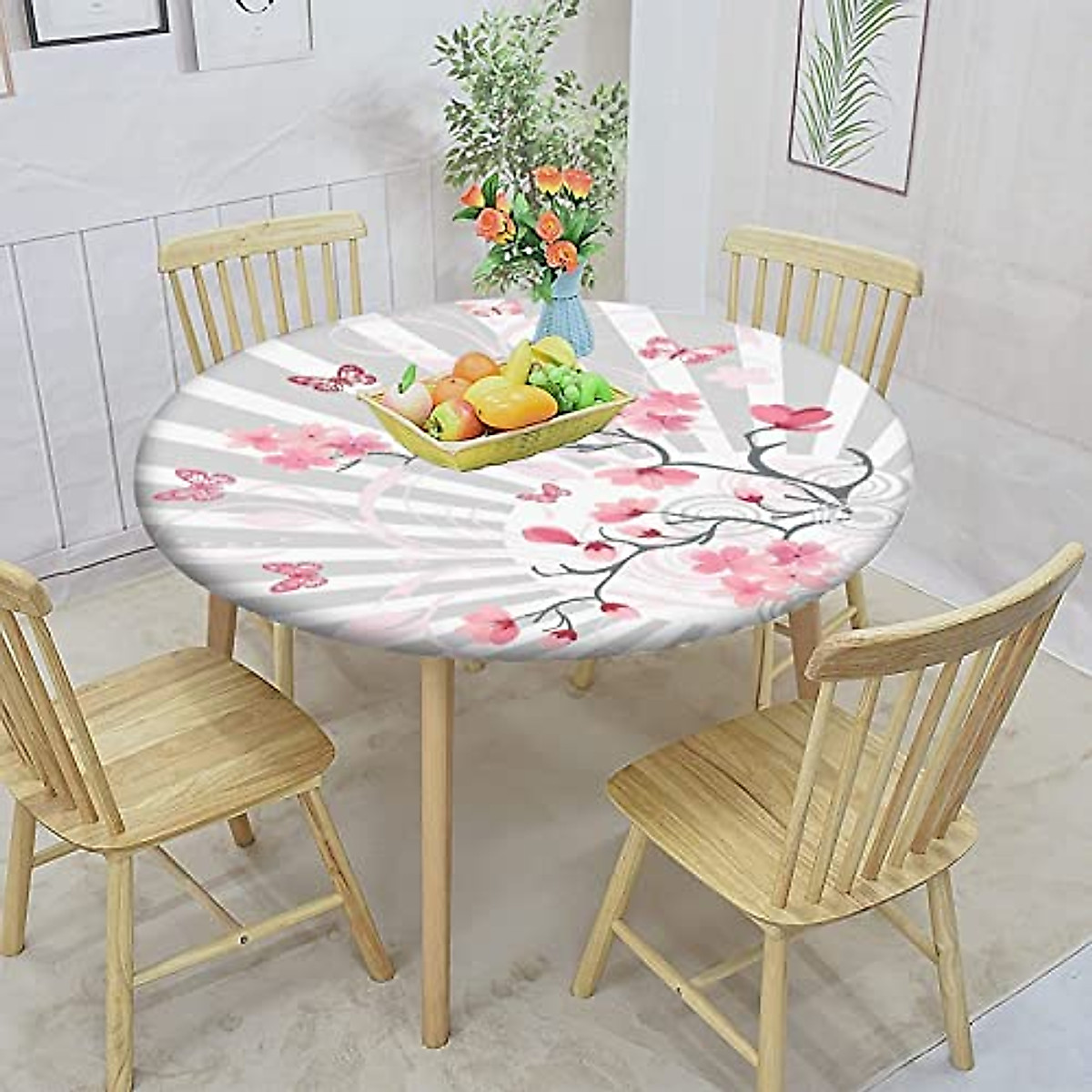 Nature Round Fitted Tablecloth with Elastic Edge,Cherry Blooming Butterflies on Stripes Print Polyester Table Cloth, XXLarge, Fit Round Tables up 65"-71" Diameter, for Kitchen Dining Party Holiday