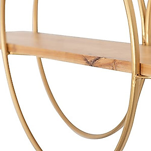 Praktiban Metal Gold Wall Shelf, Metal Frame and Wood Floating Shelves, 3 Metal Circle Wall Mounted Shelf for Living Room and Bedroom