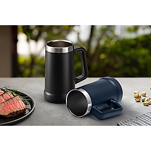 KooK Beer Stein, Stainless Steel Coffee Mug, Tumbler with Thermal Vacuum Insulation, Big Grip, Adventure, Double Walled Drinking Cup, Large Handle, Shatterproof, Navy Blue, 24 oz