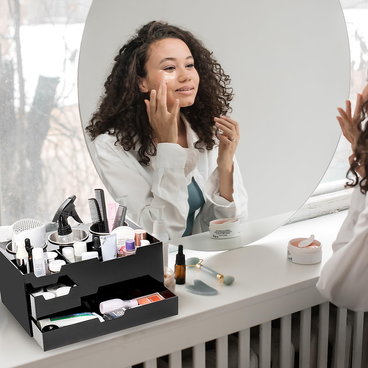 Hiceeden Acrylic Hair Tool Organizer Countertop, Hair Dryer Holder with 2 Drawer, Bathroom Vanity Accessories Storage Stand for Blow Dryer, Hair Brush, Straightener, Black