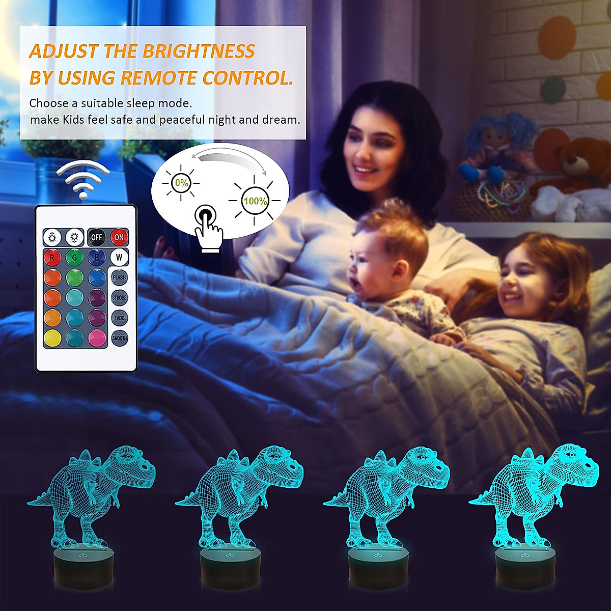 FULLOSUN Night Light for Kids Dinosaur T-rex 3D Night Light Bedside Lamp 16 Colors Changing with Remote Control, Xmas Halloween Birthday Gift for Child Baby Boy