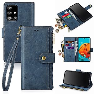 Antsturdy Samsung Galaxy A71 5G Wallet case with Card Holder for Women Men,Galaxy A71 5G Phone case RFID Blocking PU Leather Flip Shockproof Cover with Strap Zipper Credit Card Slots,Blue