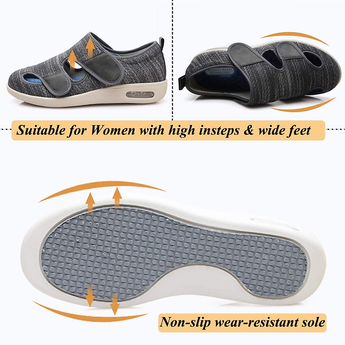 W&LESVAGO Women's Wide Width Diabetic Shoes, Air Cushion Lightweight Comfy Sandals Walking Shoes for Elderly Swollen Bandaged Feet Indoor/Outdoor(7, Dark Grey)