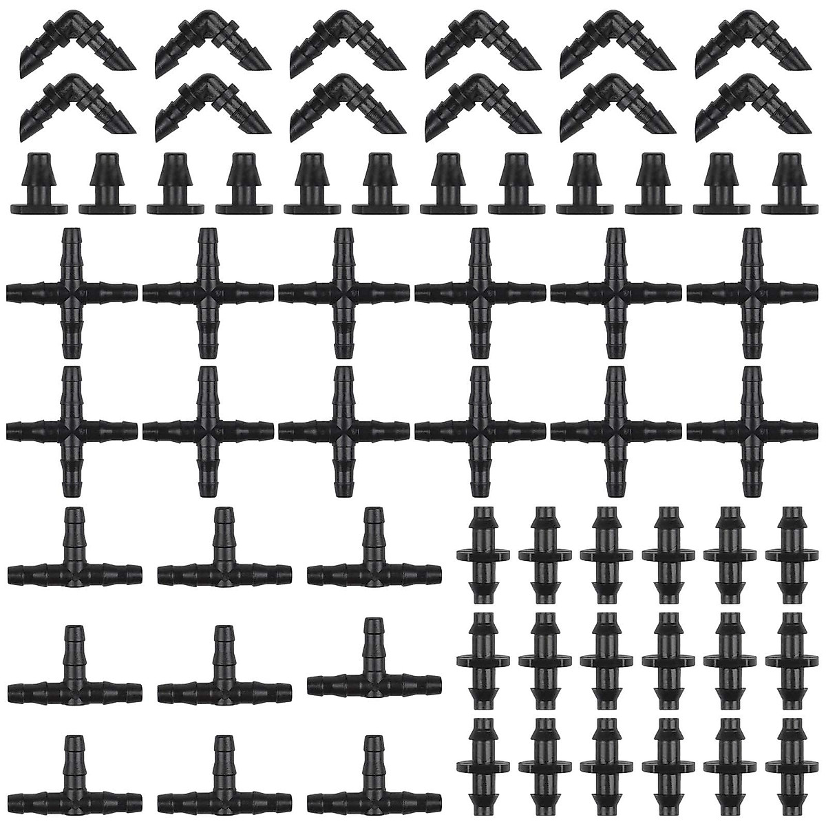 Kalolary 300Pcs Irrigation Fittings Kit, Drip Irrigation Kit Barbed Connectors for 1/4 Inch Flower Lawn Garden Irrigation System Kit (Straight Barbs, Tees, Elbows, End Plug, 4-Way Coupling)