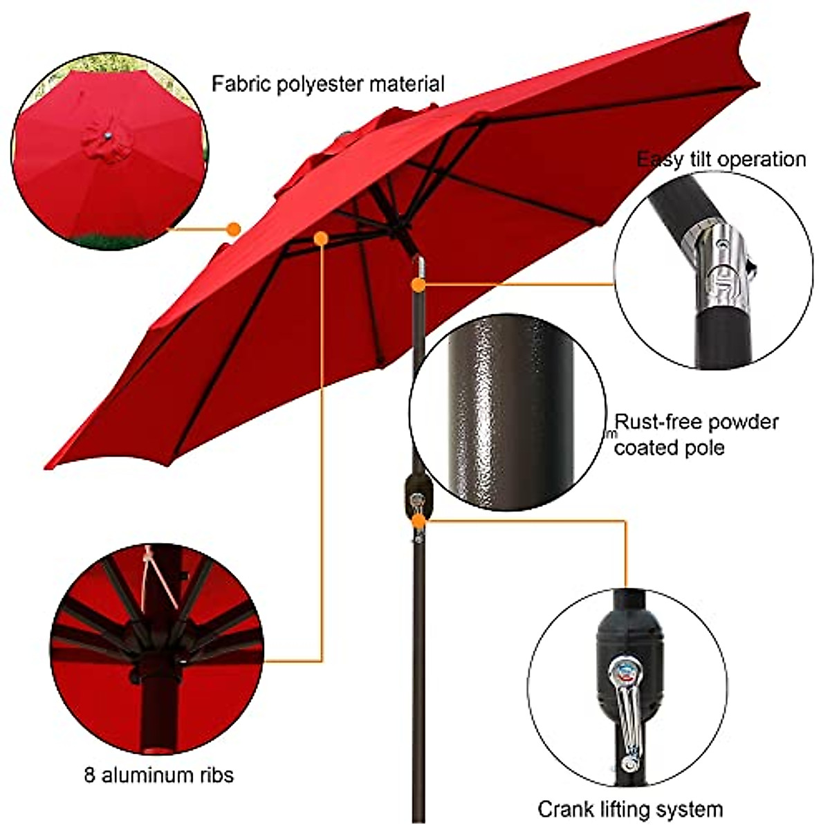Blissun 9ft Patio Umbrella, Manual Push Button Tilt and Crank Garden Parasol (Red)