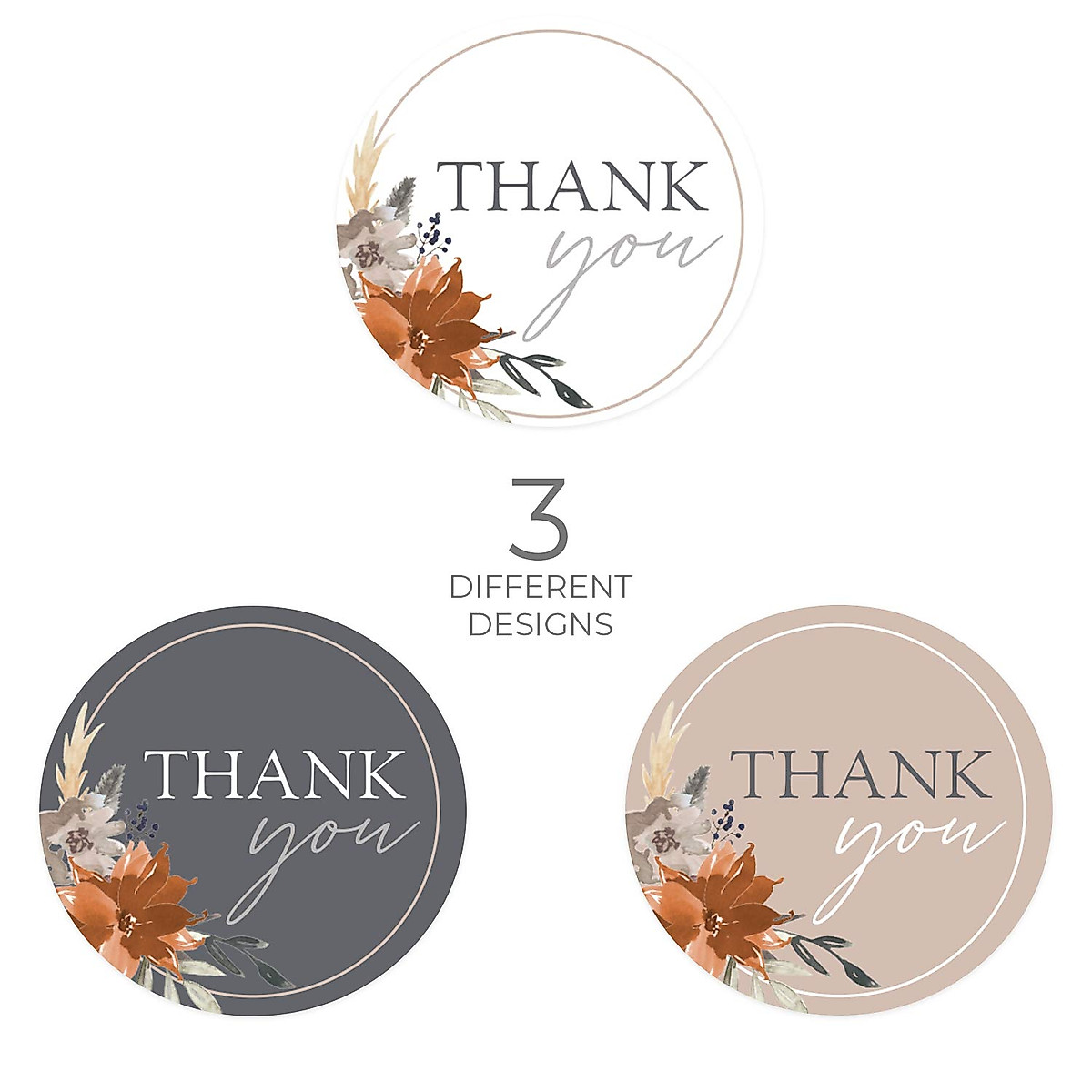 Indie Autumn Floral Thank You Labels / 250 Fall Flower Stickers / 1.5" Round Thank You Stickers / 3 Beautiful Thanks Designs