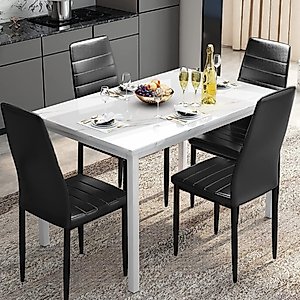 Lamerge Dining Table Set for 4, Marble Kitchen Table and Chairs for 4, Comfortable PU Leather Chairs,Dining RoomTable Set for Small Space,Living Room, Breakfast Nook,Black+White