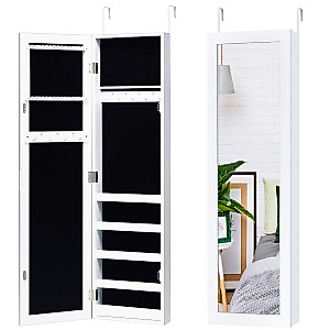 Giantex Jewelry Cabinet Armoire Door Wall Mounted, Full Length Mirror and 5 Storage Shelves for Display Bracelets Rings Cosmetics Hanging Organizer, Mirrored Storage Jewelry Cabinets