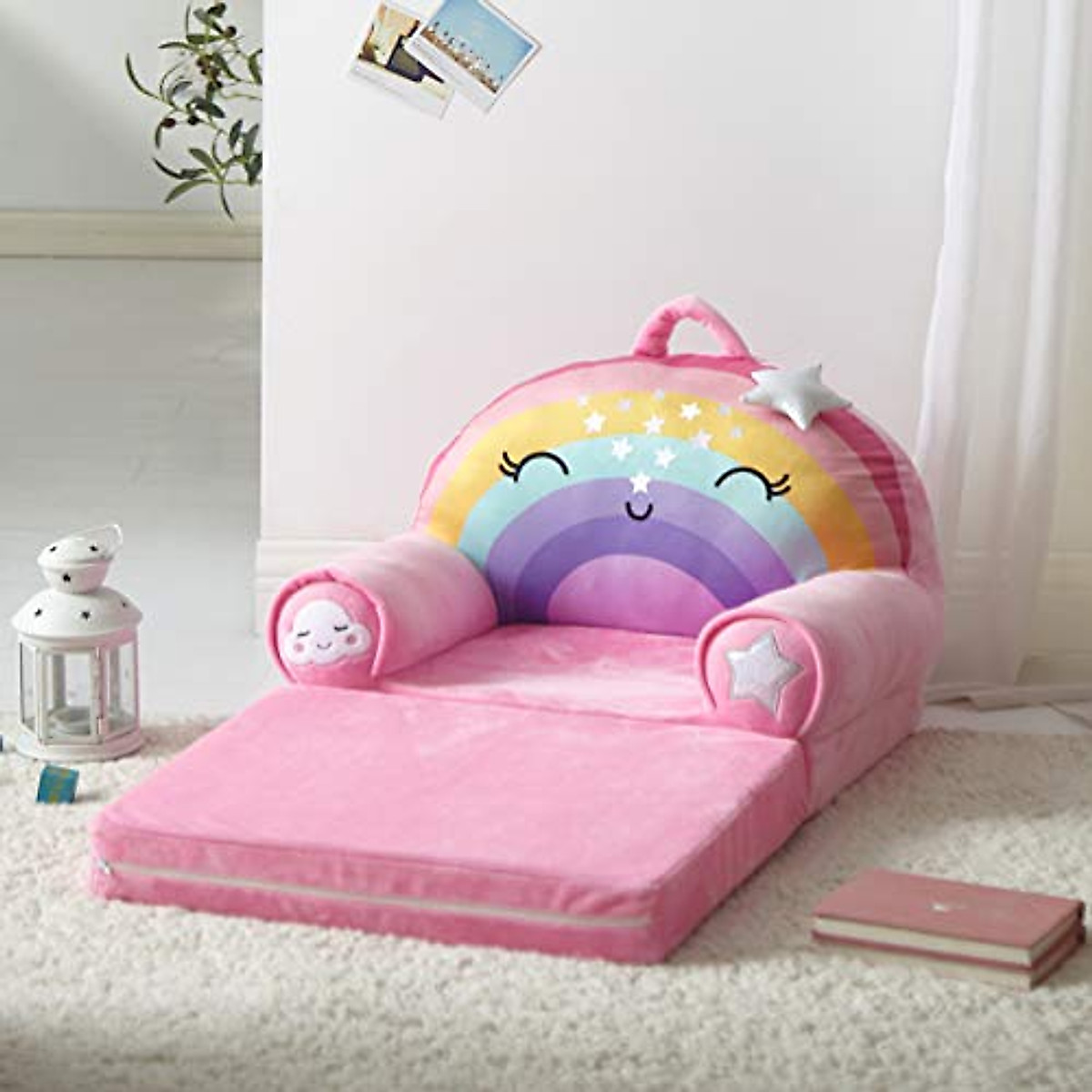 Heritage Kids Rainbow Convertible Flip Lounger Foam Chair - Soft Plush Fabric - Ages 3+, Pink