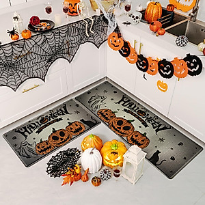 Alishomtll Halloween Kitchen Decor Mats Anti Fatigue 2 Pieces, Non Slip Kitchen Rugs for Halloween Decors, Pumpkin Ghost Black Cat Halloween Rug and Door Mat for Party,17''x29''+17''x47''