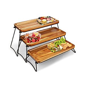 Wood 3 Tier Serving Tray Three Tiered Serving Stand, Rectangle Serving Platter Wooden Farmhouse Tiered Tray, Party Serving Dishes for Entertaining, Rustic Wood Tray Vintage Party Trays and Platters