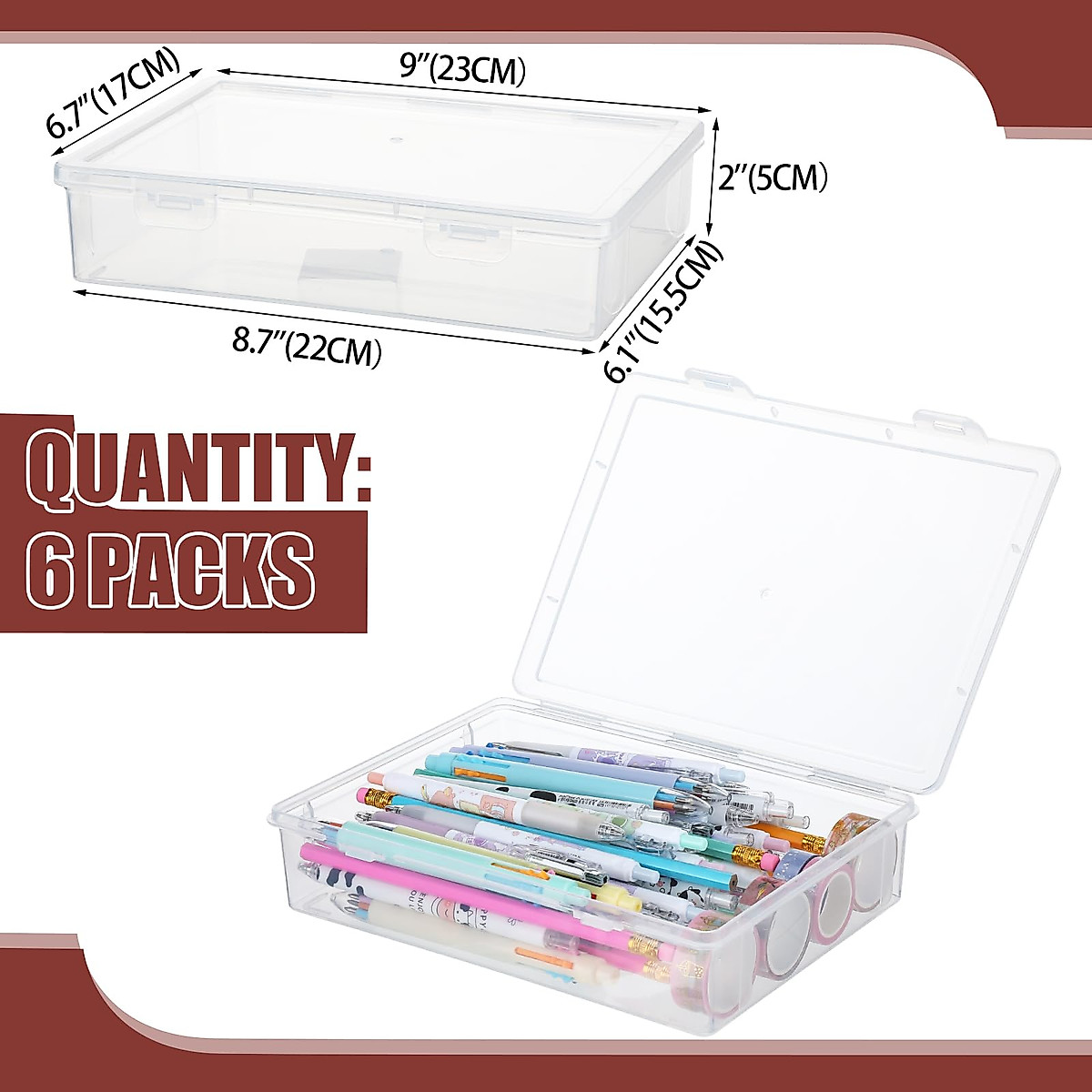 Qunclay 6 Pcs 7'' x 9'' x 2'' Plastic Storage Box with Lid Multipurpose Craft Organizers Plastic Containers Clear Pencil Case Art Satchel Storage Case for Beads Ornaments Crafts Accessories