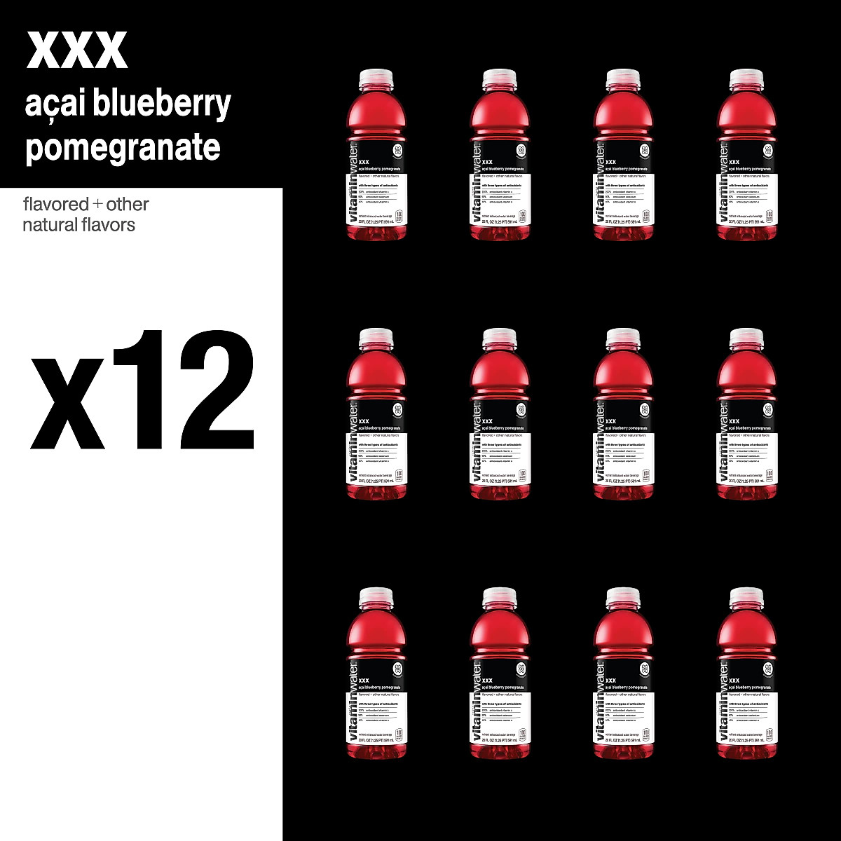vitaminwater xxx, electrolyte enhanced water w/vitamins, açai-blueberry-pomegranate drinks, 20 fl oz, 12 Pack
