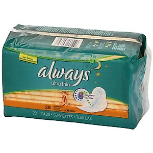 Always Ultra Thin Feminine Pads for Women with Wings, Size 4, Overnight Absorbency, Unscented, 28 Count (Pack of 1)