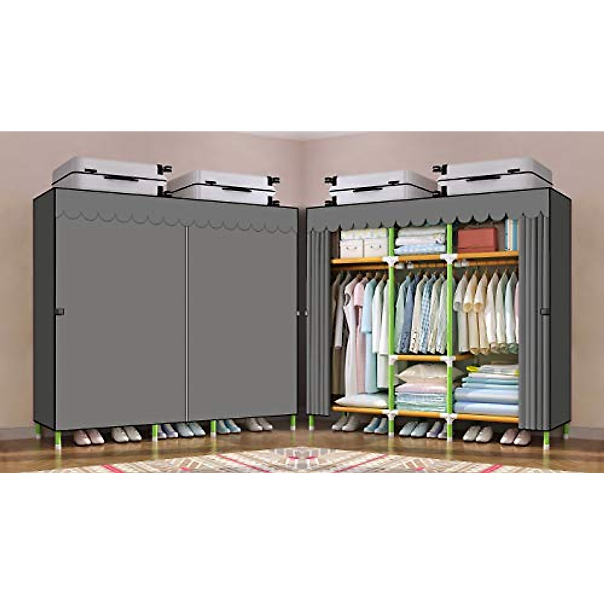 YOUUD Portable Closet 65 Inches Potable Wardrobe Clothes Closet, Colored Rods and Grey Cover Storage Organizer, Quick and Easy to Assemble, Extra Sturdy, Strong and Durable