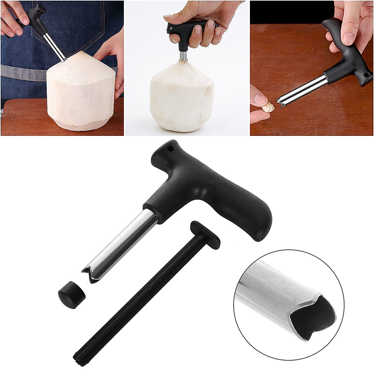 FengWu Coconut Opener Tool Set Food Grade Stainless Steel Coconut Opener Kit for Young Coconut Coco Jack Opener Kit with Stainless Steel Scraper, Coconut Hole Maker Puncher, Rubber Hammer (4pcs)
