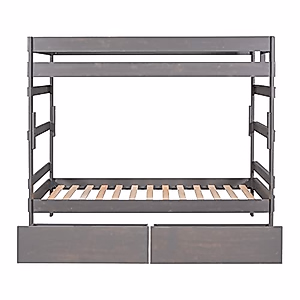 Flieks Twin Over Twin Wood Bunk Bed with 2 Drawers, Gray