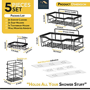 Shower Caddy Set of 5 – 2 Large Stainless Steel Shower Racks with 20 Hooks, 2 Soap Holders & 1 Toothbrush Holder