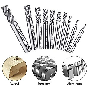 10 pcs 4-Flute End Mill Bits, AFUNTA 0.08" - 0.47" HSS CNC Straight Shank Drill Bits Cutter Tool Set for Wood Aluminum Steel Titanium