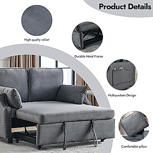 PATAVOT 3 in 1 Sleeper Sofa Couch, Velvet Upholstered Sleeper Sofa Bed with Side Storage Pockets, 2-Seater Pull Out Couch with 2 Pillows and Removeable Backrest for Living Room, Apartment, Grey.