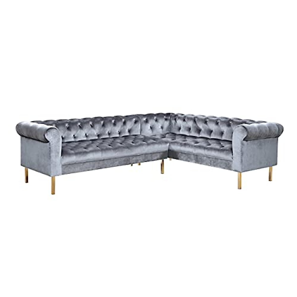 Iconic Home Giovanni Right Facing Sectional Sofa L Shape Velvet Upholstered Button Tufted Roll Arm Design Solid Gold Tone Metal Legs Modern Transitional Navy Grey