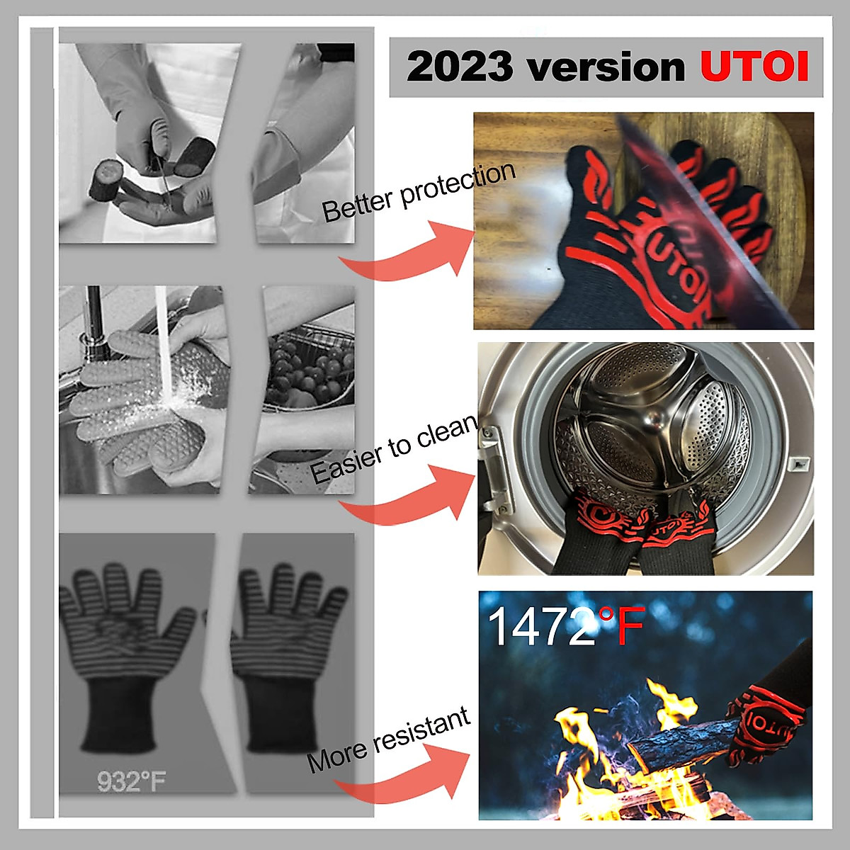 UTOI BBQ Grill Accessories Kit, 1472°F Heat Resistant BBQ Gloves Oven Mitts & Meat Shredder Claws & Silicone Sauce Basting Brush for Safe Grilling, Baking, Barbecue, Smoker & Outdoor Cooking