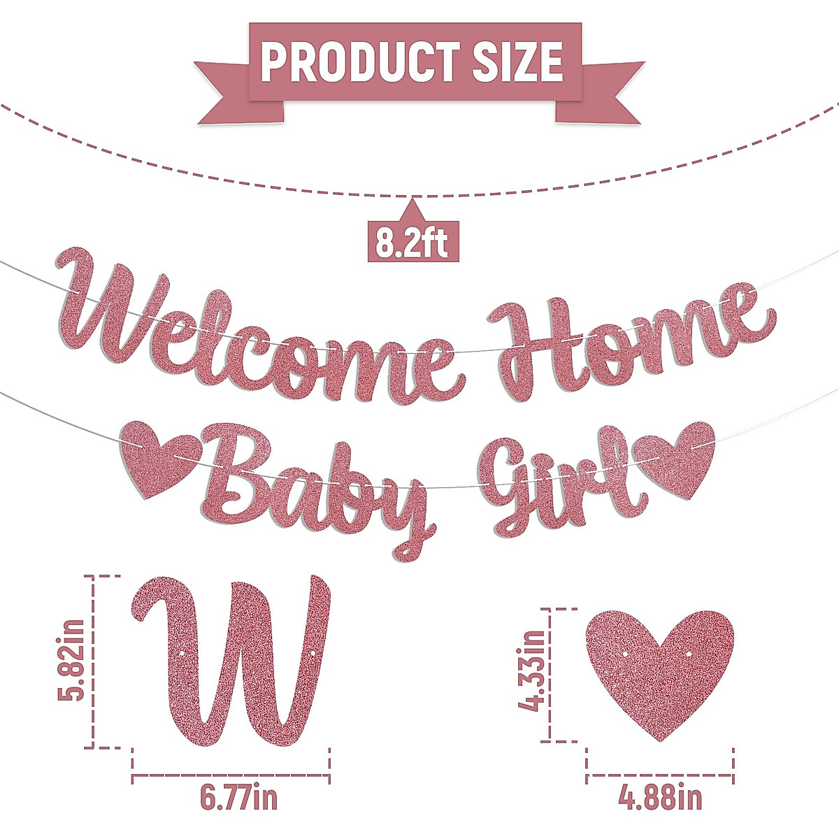Welcome Home Baby Girl Banner - Pink Baby Shower Decorations for Girl, Gender Reveal Baby Shower Inside Outside Decoration Rose Gold Glitter